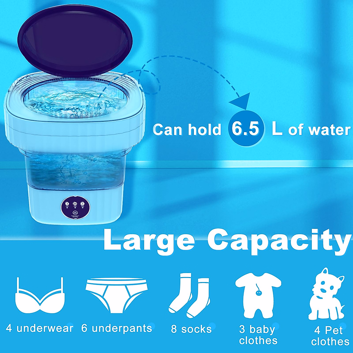 ABXKZ Portable Washing Machine, Mini Washing Machine Foldable, 6.5L Small Washer Machine and Dryer, Intelligent Bucket Laundry Machine w/ 3 Modes Deep Cleaning Baby Clothes, Underwear, Socks, Travel