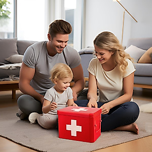 Flexzion First Aid Box Organizer, Empty 8.5 Inch Red Vintage First Aid Kit Tin Metal Medical Box First Aid Storage Box Container Bins with Dividers, Removable Tray and Cross Logo