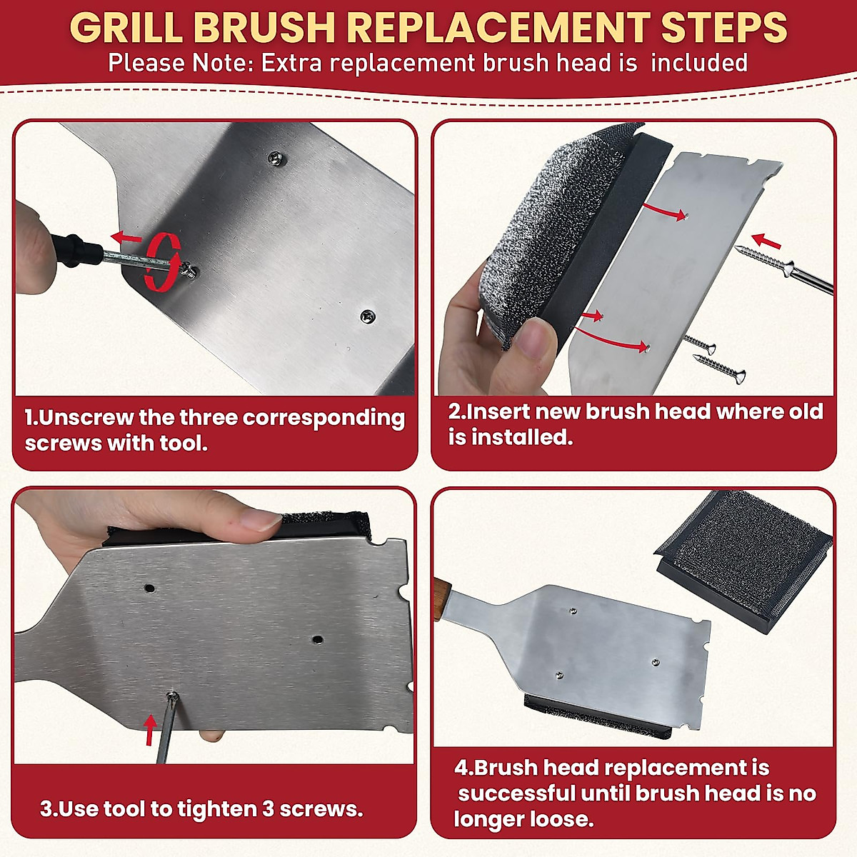 Grill Brush BBQ Cleaner Brush - Barbecue Brush for Outdoor Grill with 1 PCS Replacement Cleaning Head, Grill Cleaning Brush Bristle Free with Stainless Steel Scraper & Wooden Handle for Most Grate