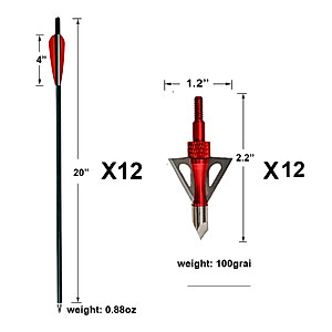 VKEDA 20 Inch Carbon Crossbow Bolts 12 Pack and 12 Pack Hunting Broadheads kit, Carbon Crossbow Arrows for Hunting and Outdoor Practice (Red)