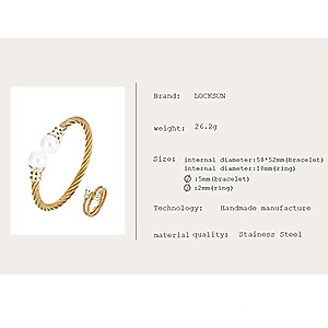 Adjustable Stylish Stainless Steel Twisted Cable Bangle Bracelet Gold-Color with Shell Pearl for Women