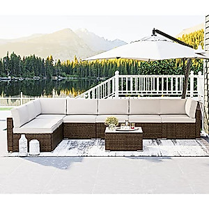 HOMPUS 8-Piece Outdoor Handwoven PE Rattan Wicker L-Shaped Corner Conversation Set Furniture Brown Patio Sectional Sofa Set w Beige Seat Cushions, Glass Coffee Table for Garden,Backyard,Pool