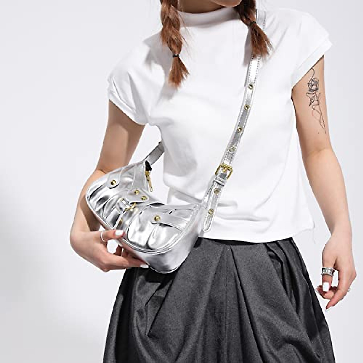 Y2k Purse for women, Silver Metallic Crossbody Shoulder Bag, Punk Hobo Bag Tote Handbag Satchel Bag