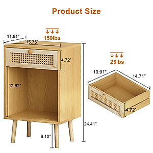 Koifuxii Natural Rattan Boho Nightstand - 24" High, 16.82" x 4.89" x 20.02" Light Wood Bedside Table - Bedroom, Living Room