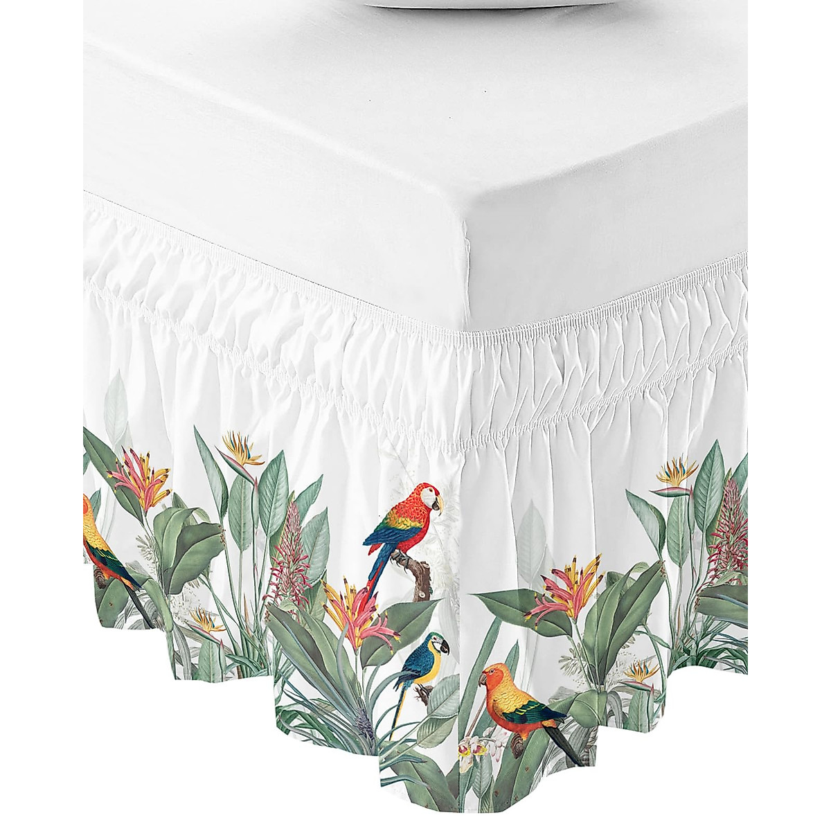 Tropical Flowers Bed Skirt Queen Size 16 Inch Drop,Adjustable Elastic Wrap Around Bed Skirts Pleated Luxury Dust Ruffles for Twin Full Queen Cal King Bed,Palm Tree Leaves Bird Rustic Greenery Plant