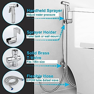 Handheld Bidet Sprayer Set for Toilet, Stainless Steel Hand Jet Sprayer with Anti-Leaking Hose & T-Adapter, Support Wall or Toilet Mount for Cloth Diaper Cleaning/Baby or Pets Shower
