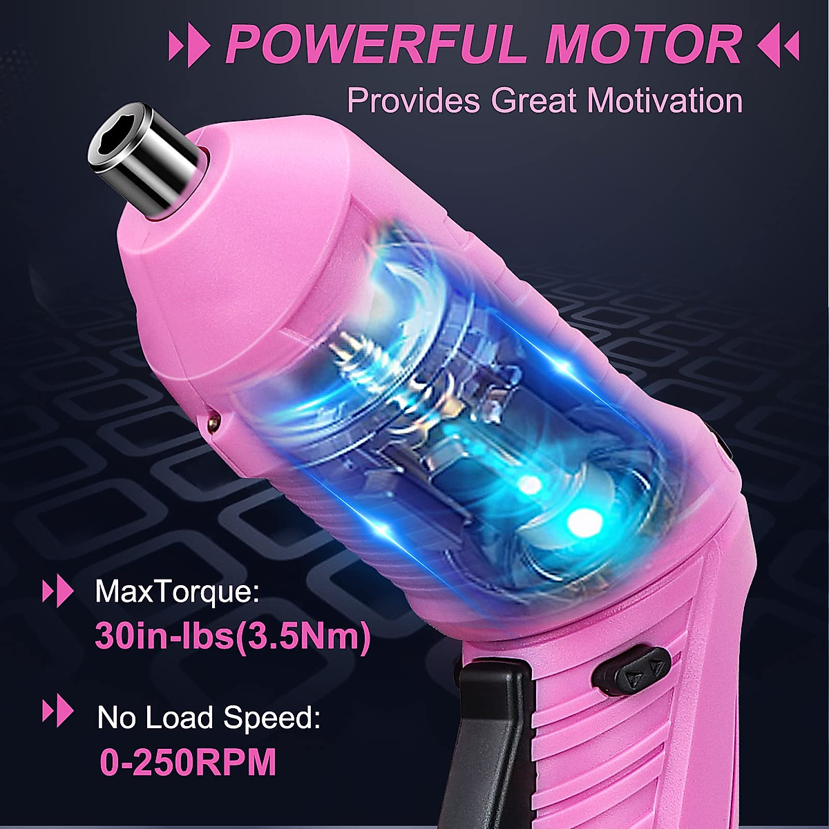 Pink Cordless Screwdriver Set with Rechargeable Battery and Charger, Rotating Handle, LED Light, 47PCS Drill/Driver Accessories, Lightweight and Portable Electric Screwdriver for Women