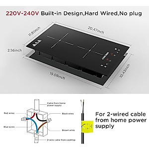 Electric Induction Cooktop,COOKTRON Built-in Electric Stovetop with 10 Power Levels, 3300W,Child Lock, Timer, Touch Control, 2 Burner Induction, Pause Function, 220-240V,Hard Wire(No Plug)