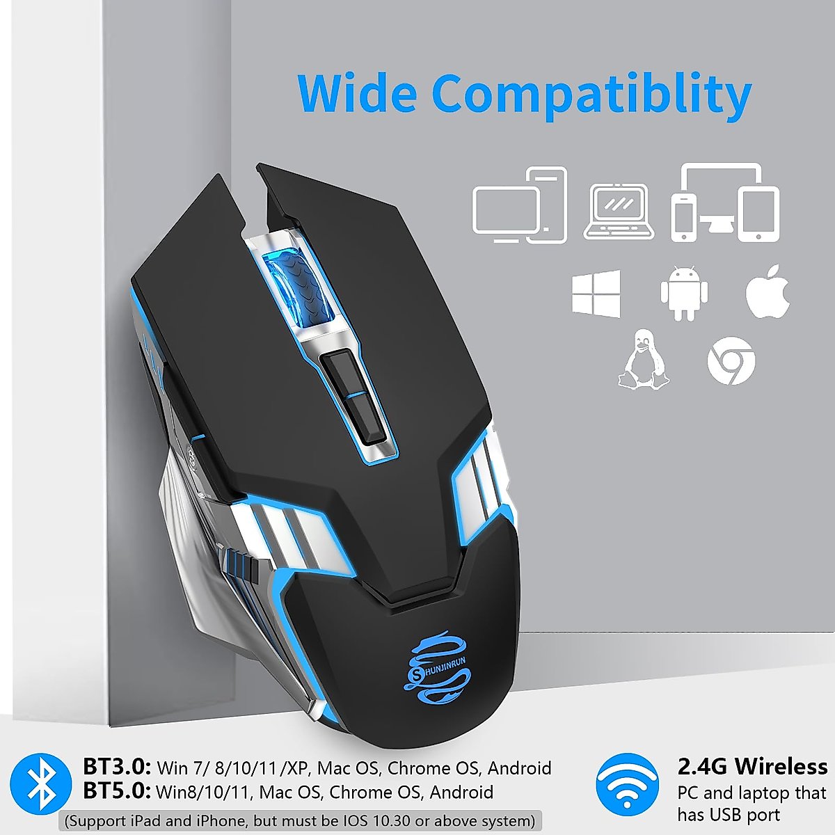 Bluetooth Mouse Rechargeable, Wireless Gaming Mouse Multi Device(BT5.0/3.0+2.4G) with Side Buttons, USB Receiver, RGB Backlit, Cordless Computer Mice for Laptop, Windows PC Mac Tablet(Black-Mute)
