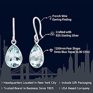 Gem Stone King 925 Sterling Silver Swiss Blue Topaz Earrings | 6.00 Cttw | Pear Shaped 12X9MM | Gemstone Birthstone | Drop Dangle Teardrop Earrings for Women