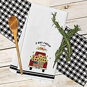 Beisseid Kitchen Towels Farm Fresh Sunflower Truck Dish Cloth Fingertip Bath Towels Cloth Black Stripes Hand Drying Soft Cotton Tea Towel 18x28in