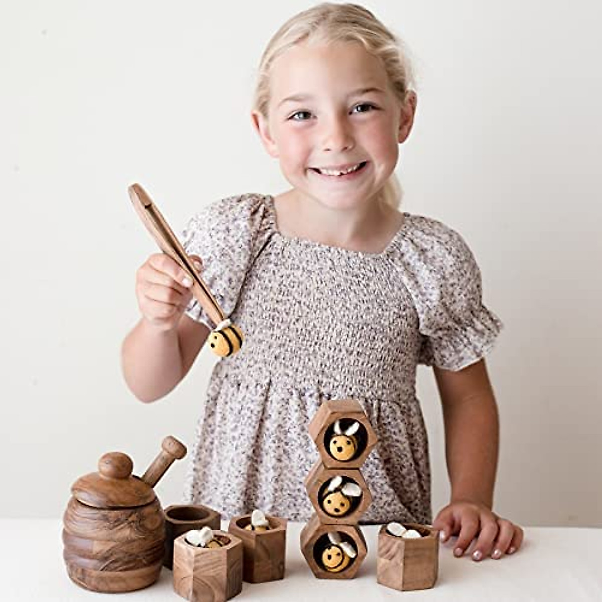 KOOKAROO Wooden Bee Hive Sorting & Stacking Toys for Toddlers -Learning Montessori Toys for 3 Year Old - Fine Motor Skill Tactile Toys - Sensory Bin Toys