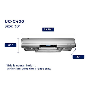 Hauslane | Chef Series 30” C400 Range Hood Slim Under Cabinet Kitchen Extractor - Stainless Steel Design with Self Cleaning - 6-Speed Setting Exhaust Fan and Halogen Lamp - 3-Way Venting
