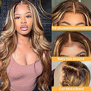 TXIXS 28 Inch Honey Blonde Lace Front Wig Human Hair 13x4 Ombre Lace Front Wig Human Hair Pre Plucked with Baby Hair 180% Highlight Glueless Lace Front Wigs Human Hair Body Wave Lace Frontal Wigs
