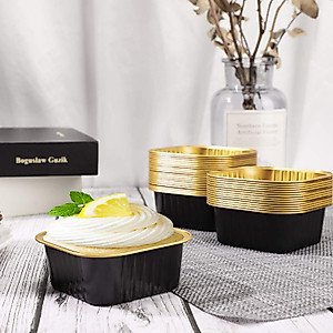 EUSOAR Cupcake Liners with lids, 5oz 50pcs Square Disposable Desserts Flan, Baking Cups with Lids, Aluminum Foil Cupcake Flan, Muffin Liners, Custard Cake Cups, Catering Gathering Favor-Black Gold