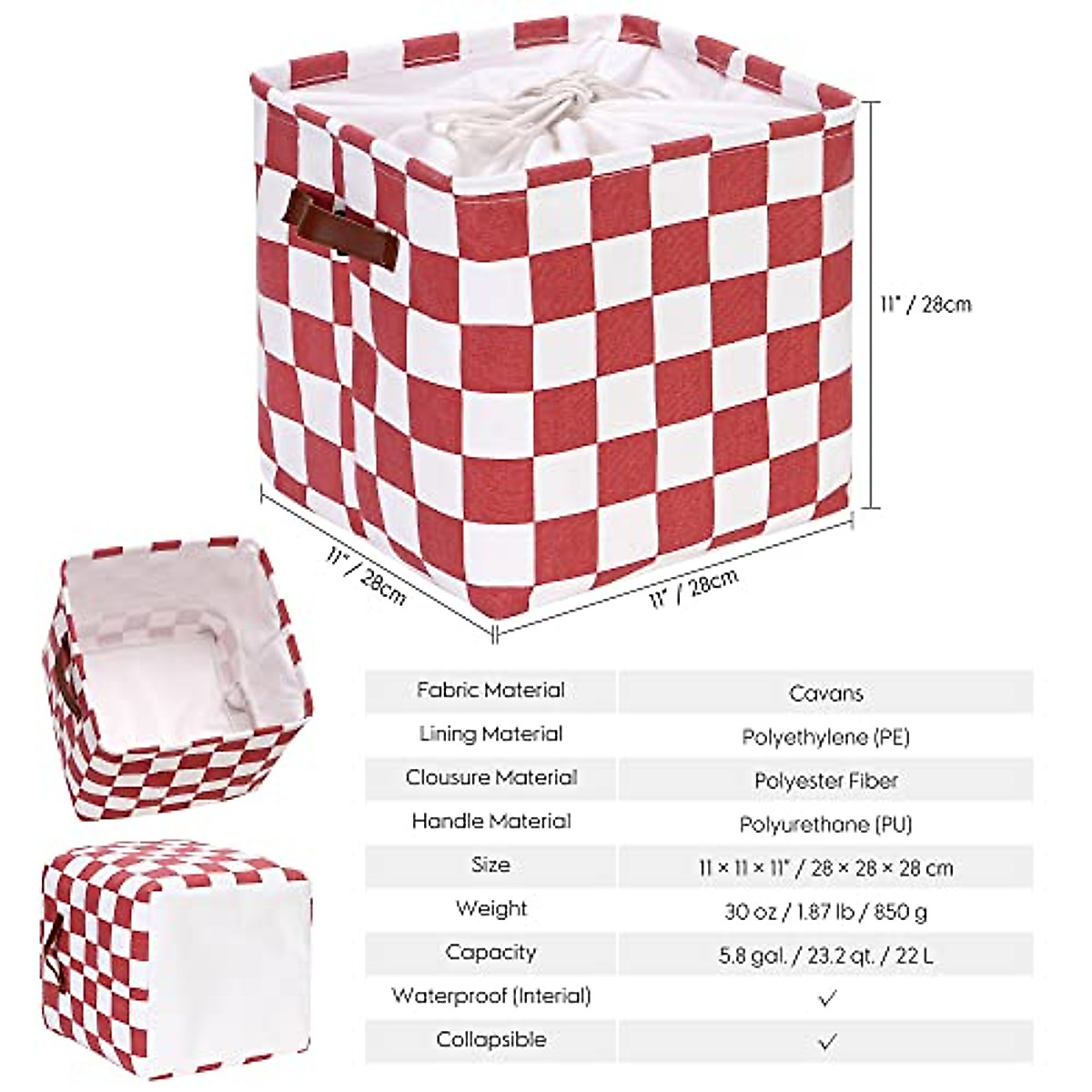 Hinwo 3-Pack Cubic Organizer Shelf Bins, Canvas Fabric Storage Baskets with Handles, 22L/5.8-Gal Square Storage Bins, Cubes, Collapsible Storage Box, 11 x 11 x 11 Inches (S, Red Checkerboard)