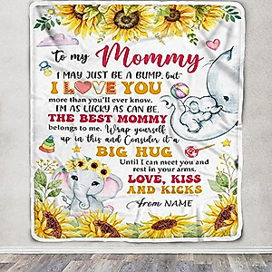 TeesNow Personalized to My Mommy Blanket from Baby Name First Time Mom Elephant Sunflower I May Just Be A Bump Happy Mothers Day Customized Bed Fleece Blanket (60 x 80 Inches - Adult Size)
