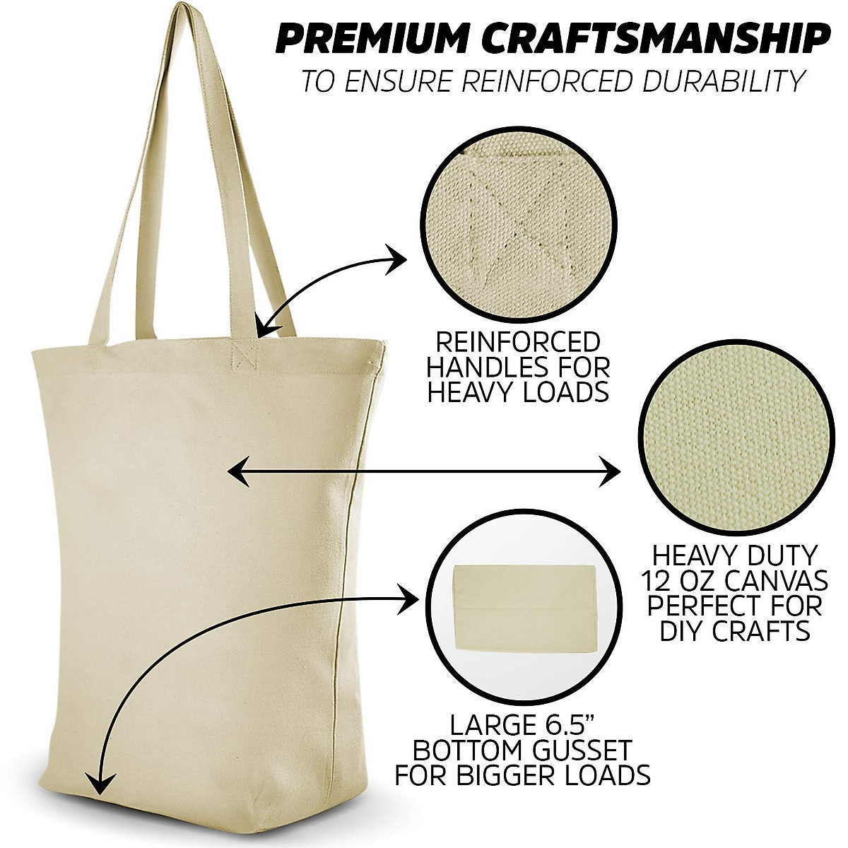 Jesty Crafts Heavy Duty Large Canvas Tote Bag with Large Bottom Gusset - 4 Pack of 12oz Reusable Canvas Grocery Bags - Perfect Canvas Bags for Crafts, HTV, Groceries, Shopping - 16H X 16W x 6.5D inch