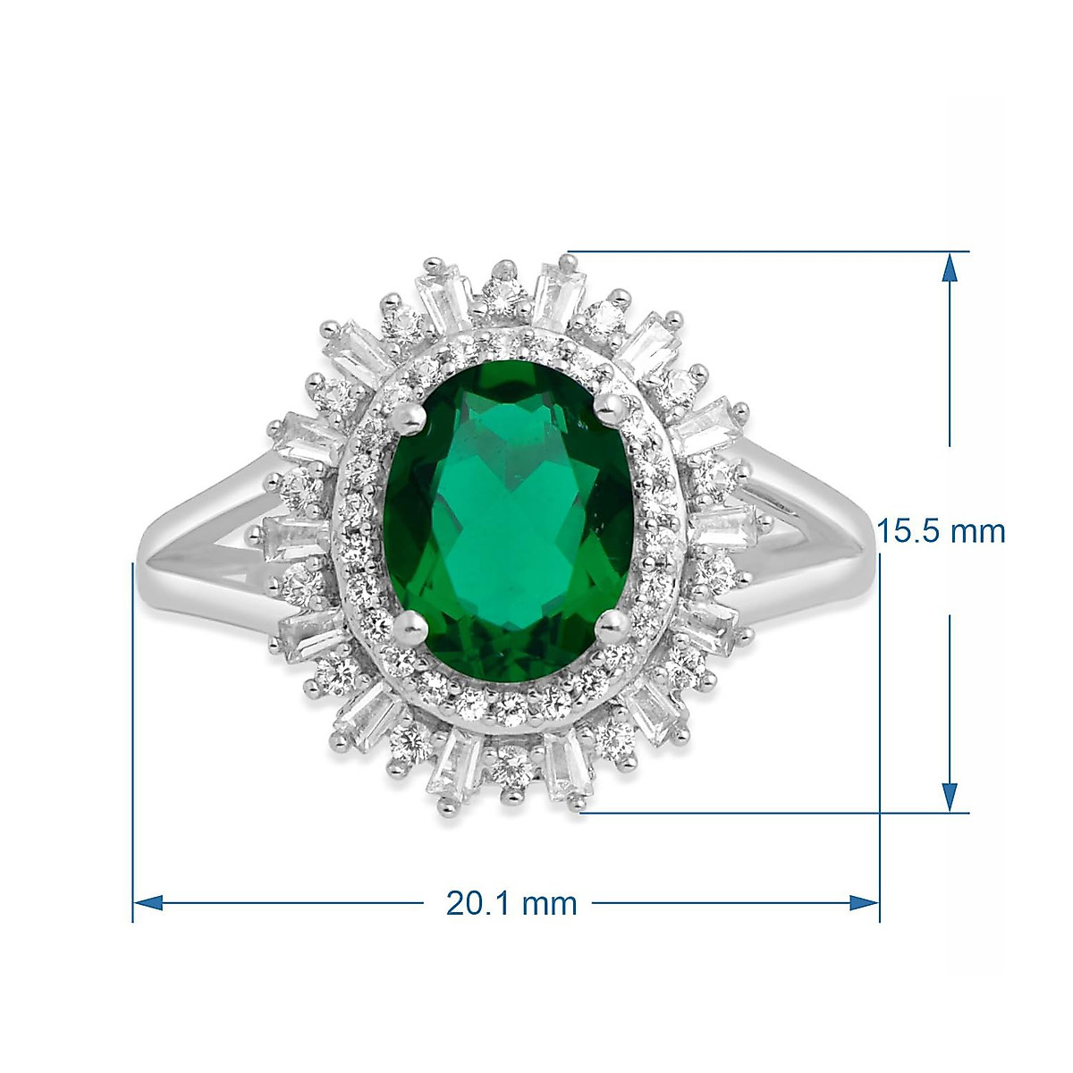 Jewelili Sterling Silver 9x7 MM Oval Cut Simulated Emerald and Tapper Baguette and Round Created White Sapphire Halo Engagement Ring, Size 7