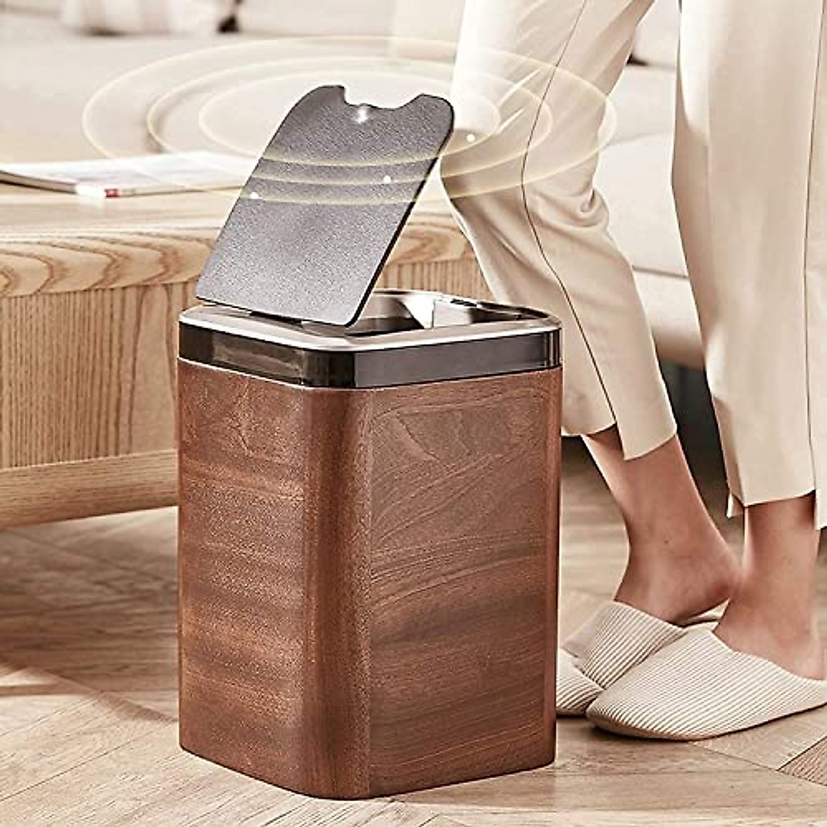 Trash Bin Trash Can Wastebasket Smart Trash Can Electric Induction Smart Square Solid Wood Trash Can with Pressure Ring for Home Garbage Can Waste Bin