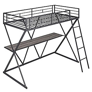 ATY Metal Loft Bed with Wood Desk and Ladder, X-Shaped Twin Size Bedframe w/Full-Length Guardrails, for Kids Teens Adults, Bedroom Furniture, Black