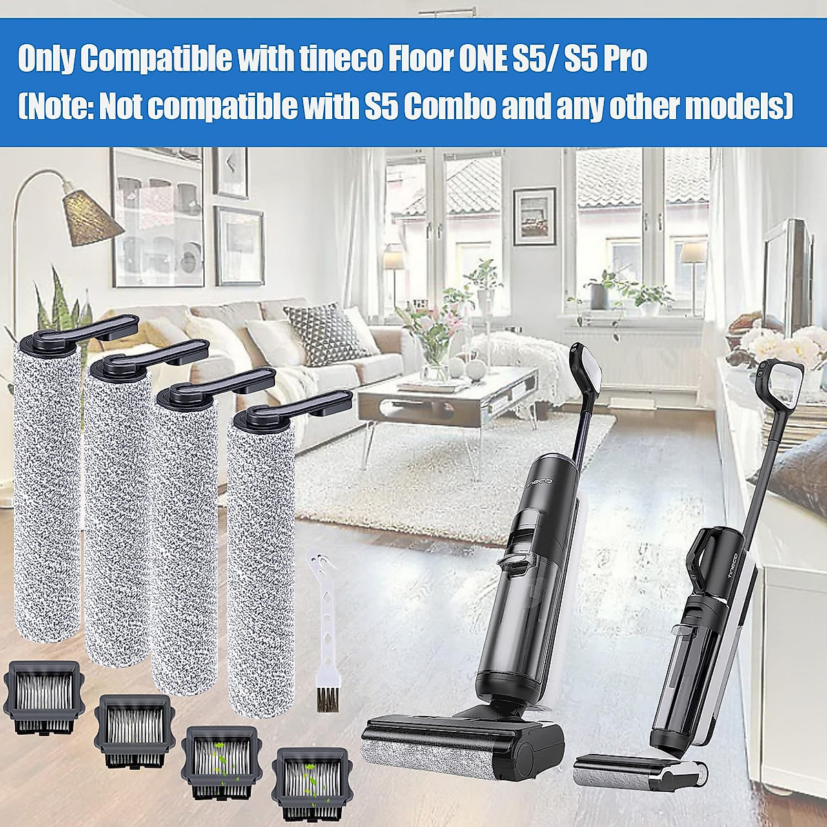 Floor ONE S5 Brush Roller Replacement Parts for Tineco Floor ONE S5/ Floor ONE S5 PRO 2 Cordless Wet Dry Vacuum Cleaner, 4 Pack Brush Roller, 4 Pack HEPA Filters and 1 Pack Cleaning Brush