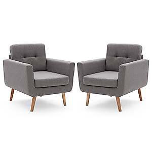 Tbfit Linen Fabric Accent Chairs Set of 2, Mid Century Modern Armchair for Living Room, Bedroom Button Tufted Upholstered Comfy Reading Accent Chair Sofa(Grey)