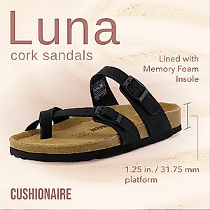 CUSHIONAIRE Luna Cork Footbed Women's Sandals - Comfortable Slip-On Slides with Adjustable Straps & Memory Foam for All-Day Wear | Beach Essential Summer Sandals for Women 2025, BLACK 9