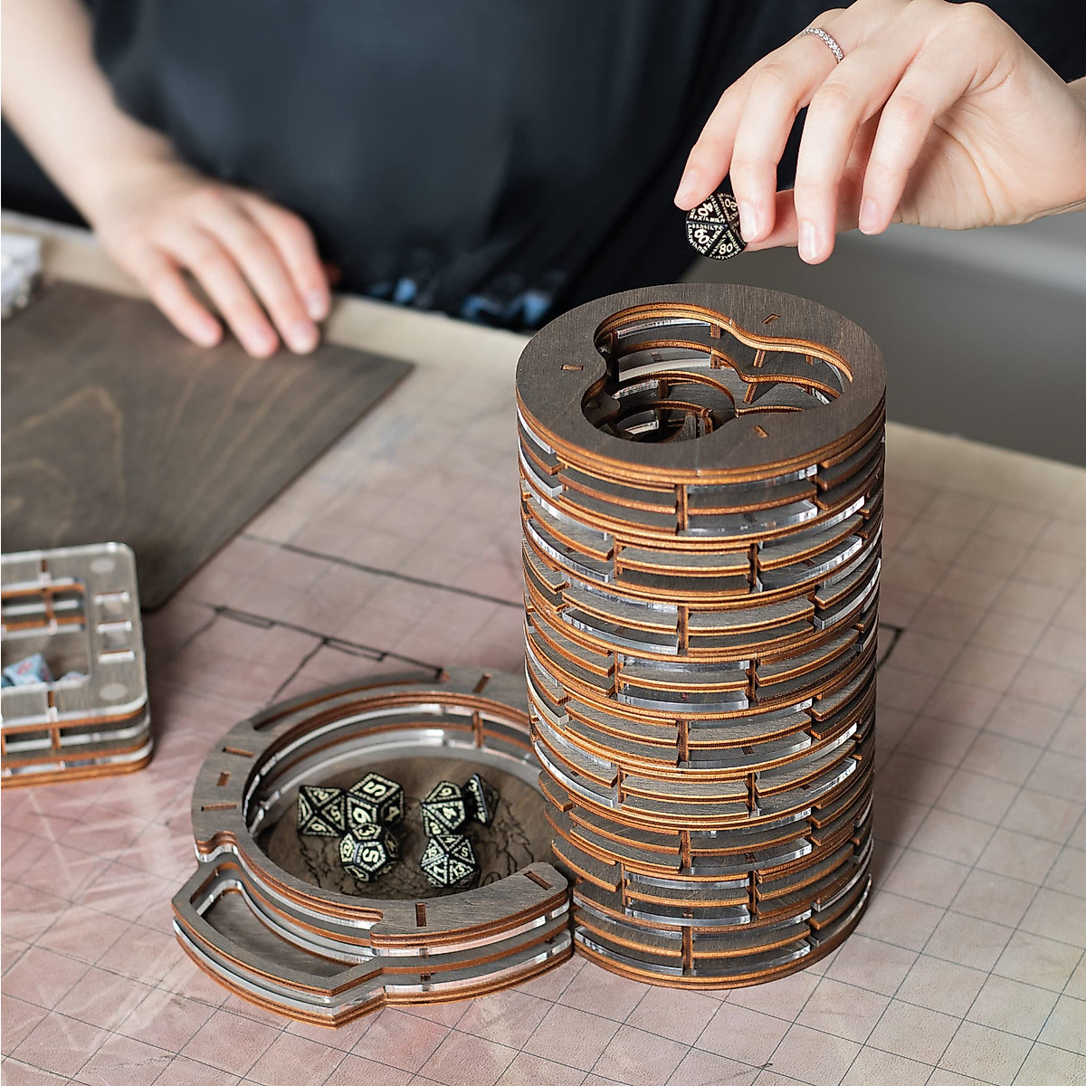 SMONEX Dice Tower Compatible with Dungeons and Dragons Board Games - Dice Tower Wood with 3 Removable Inserts - Perfect as D&D Accessories and Ideal for Other Board Games, RPG and Tabletop Games