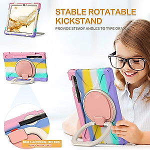 BRAECN Case for Galaxy Tab S9/S8/S7 11 Inch SM-X710/X700/T870, Rugged Silicone Cover with Stable Kickstand, S Pen Holder, 360°Rotating Handel Grip, Shoulder Strap for Galaxy Tab S9 2023, Colorful Pink