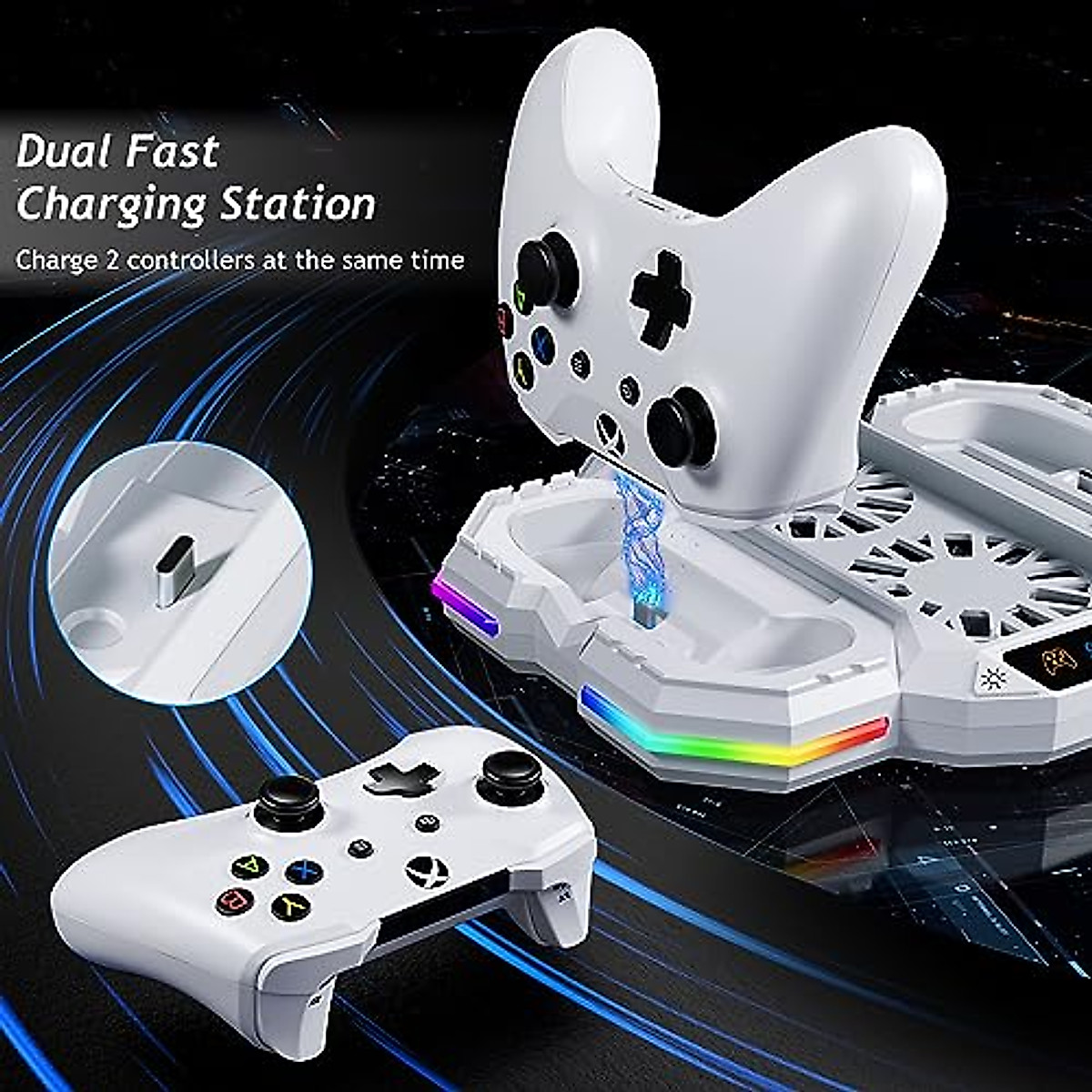 Cooling Stand with Controller Charging Station for Xbox Series S, ZAONOOL Dual Charger Dock & Cooling Fan for Console Accessories with 13 RGB LED Light, 2*Rechargeable Battery, Headset Hook & USB Port