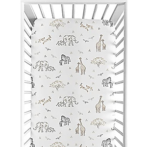 Sweet Jojo Designs Jungle Safari Animals Boy Girl Fitted Crib Sheet Baby Toddler Nursery Brown Taupe Black and White Gender Neutral Animal Elephant Giraffe Wildlife Adventure Zebra Elephants Serengeti