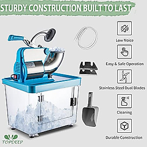 Topdeep Commercial Ice Crusher, 110V Electric Snow Cone Machine ETL Approved, 440LBS/H Snow Cone Maker with Dual Blades, Stainless Steel Shaved Ice Machine or Home and Commercial Use