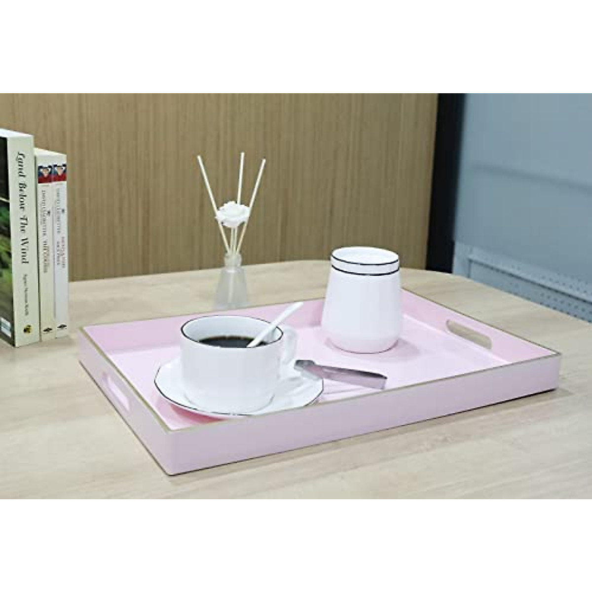 Decorative Tray, Marbling Plastic Tray with Handles, Rectangular Vanity Tray and Serving Tray for Bathroom, Kitchen, Ottoman and Coffee Table (Rectangle, Pink)