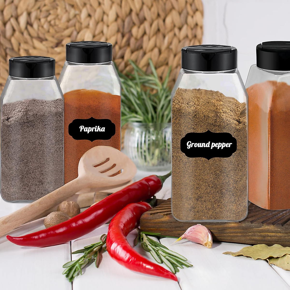 Ysglory 28 Pack 16 Oz Plastic Spice Jars Bottles Containers with Black Cap Empty Seasoning Bottles Large Clear Spice Shaker and Stickers for Storing Spice, Salt, Herbs
