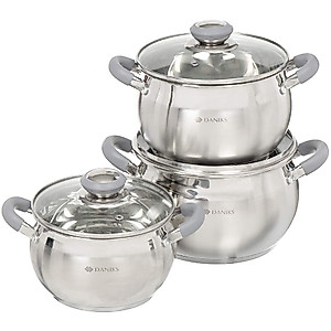 Daniks Modern Stainless Steel Kitchen Induction Pot Cookware Set | 6-Piece | Dishwasher Safe Pots | 2 Quart + 3 Quart + 4 Quart | Heatproof Handles | Silver