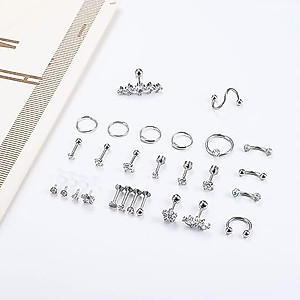 JeryWe 27Pcs 16G Cartilage Earrings Stud Hoop for Women Men Stainless Steel Helix Piercing Tragus Earrings Forward Conch Piercing Jewelry