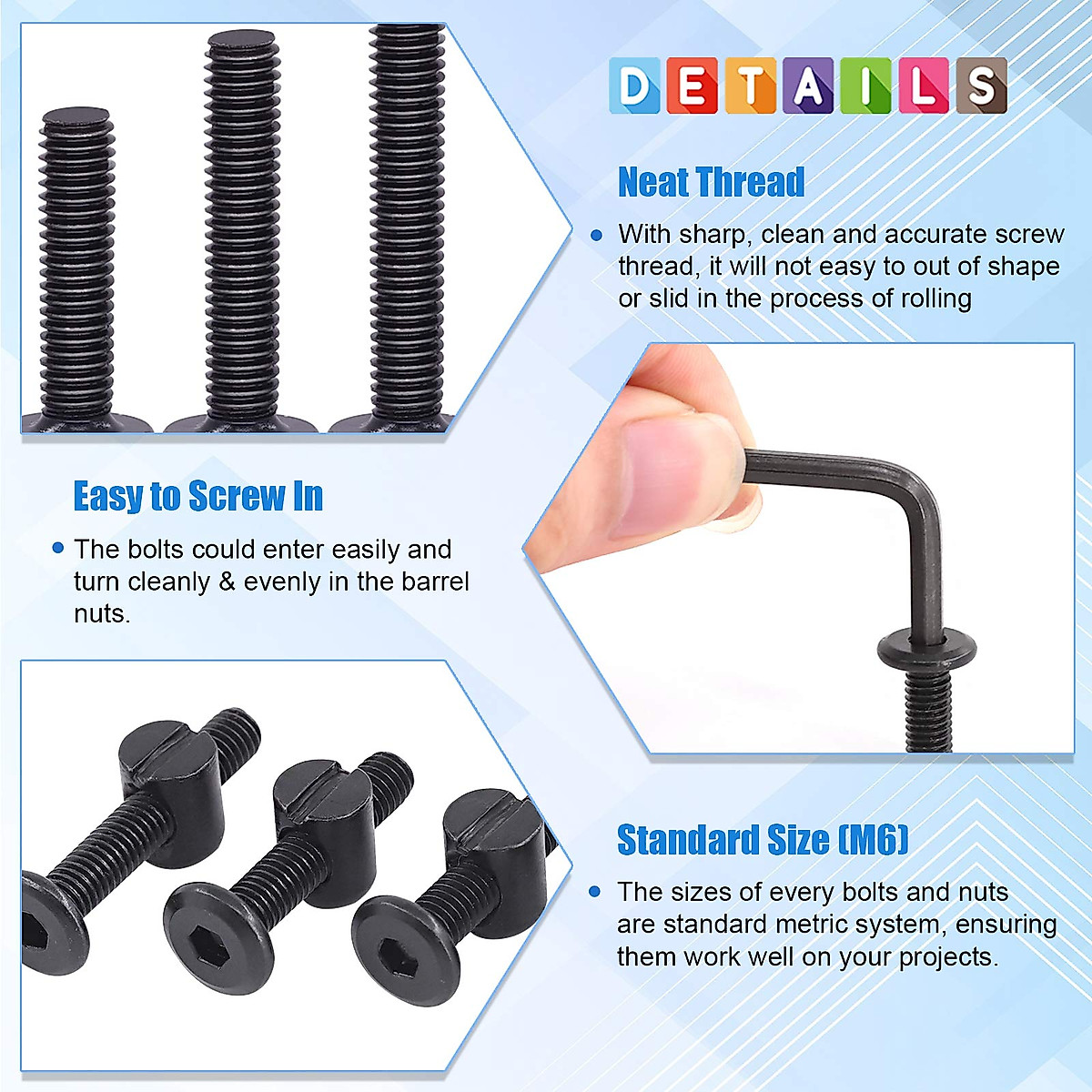 Glarks 141Pcs Baby Bed Crib Screws Hardware Replacement Kit, M6x20/ 30/40/ 50/60/ 70/ 80mm Black Hex Socket Cap Screws and Nuts Assortment Kit with a Allen Wrench for Chair Table Cabinets Furniture