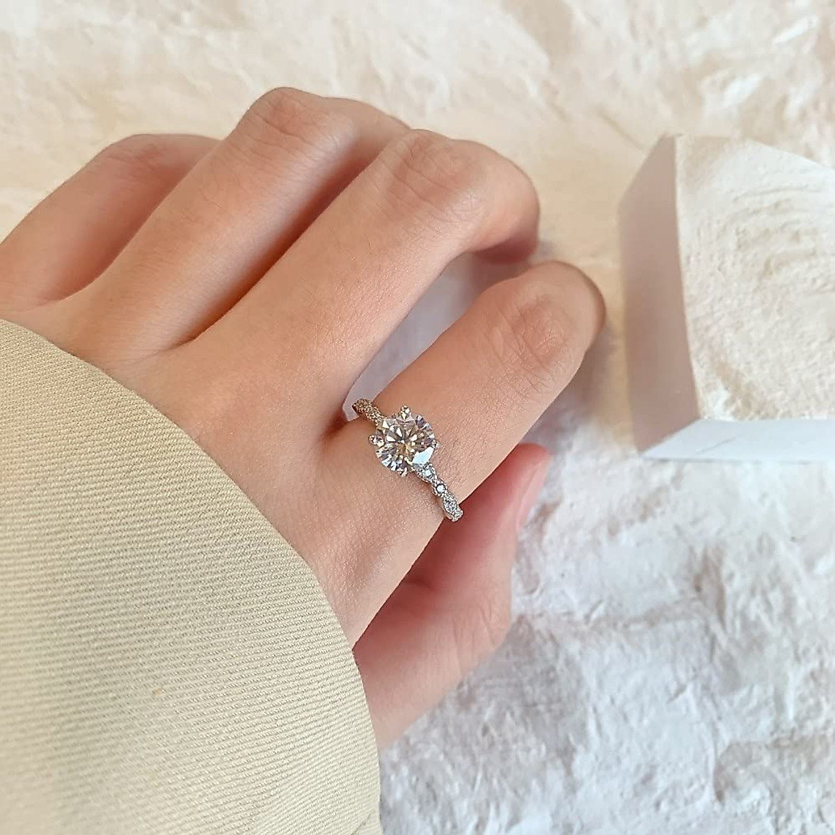 Blocaci 1-1/5 Carat (ctw) Classic Round Engagement Rings for Women Platinum Plated Silver, Moissanite Engagement Rings Wedding Anniversary Rings(size 6.5)