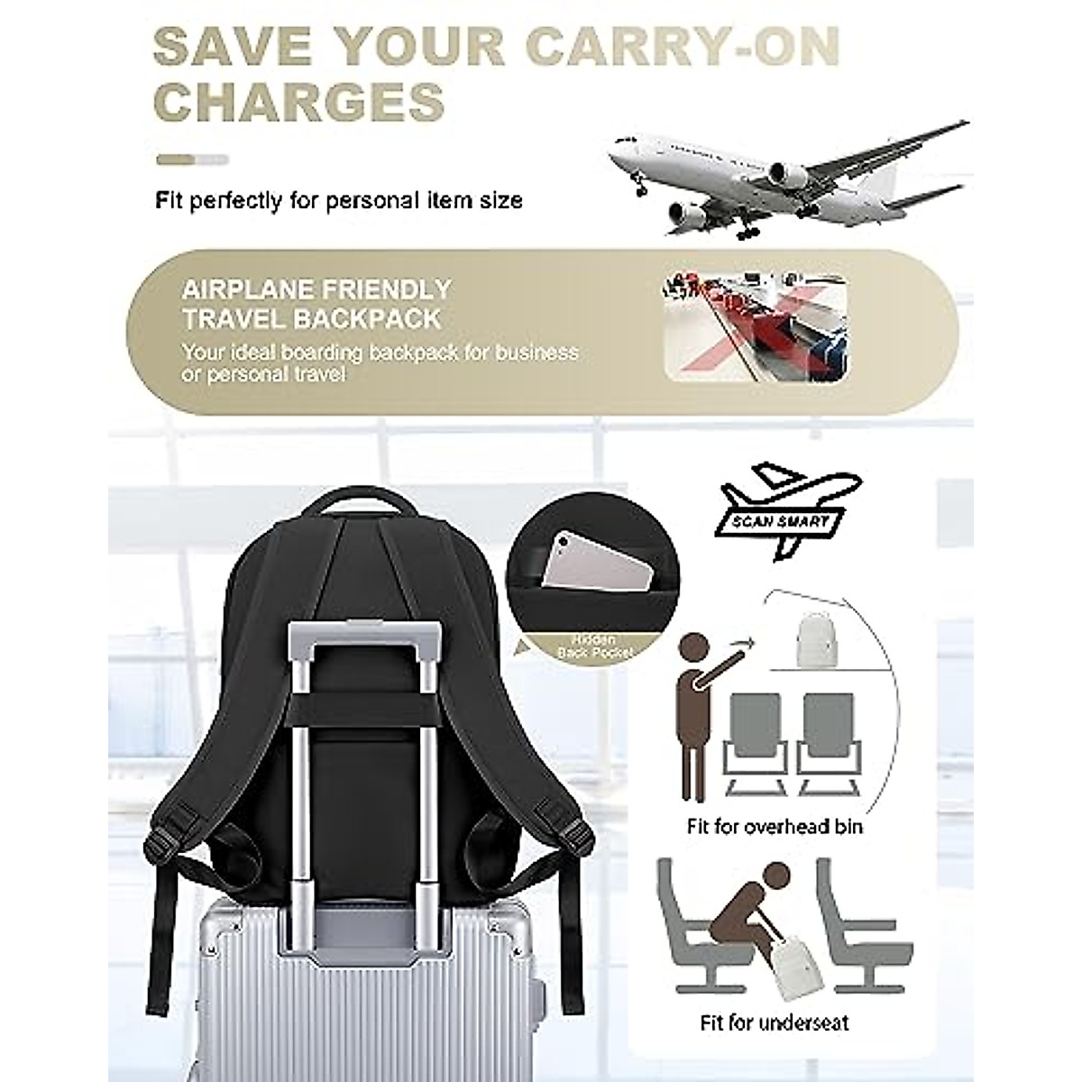 livbote Light Flight Travel Laptop Backpack Women, Mochilas para Mujer, Nurse Quilted Backpack, Water-repellent Small Backpack with USB Charging Port, Black