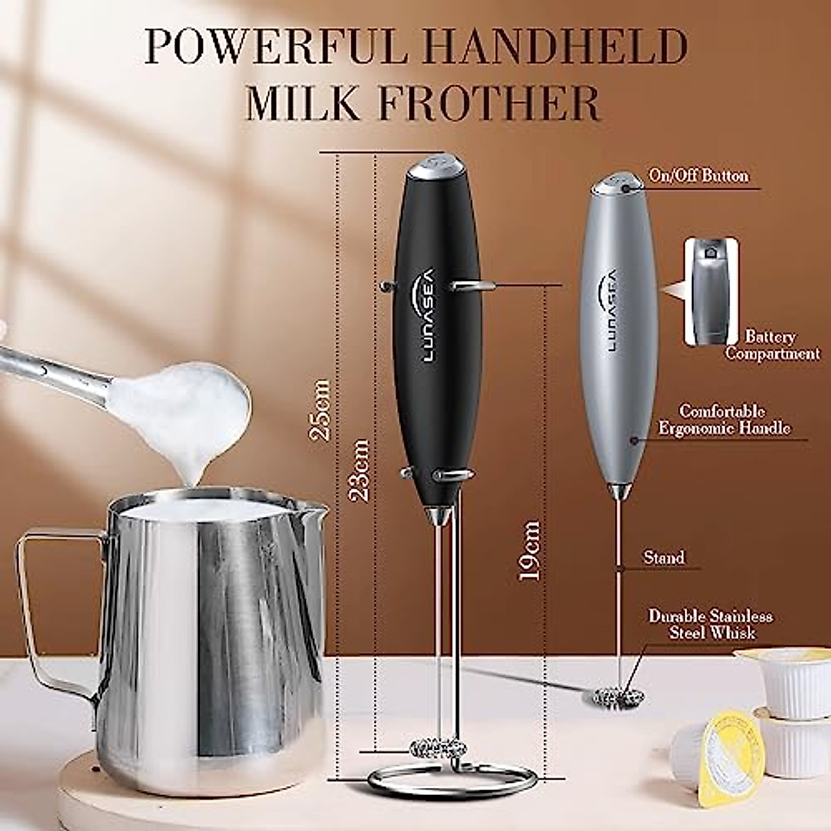 LUNASEA Handheld Milk Frother with Stand, Frother Wand, Electric frother for Coffee Whisk, Hand Mixer Blender Milk Foamer, Drink Mixer, Electric Whisker for Mixing, Latte, Cappuccino, Matcha (Black)