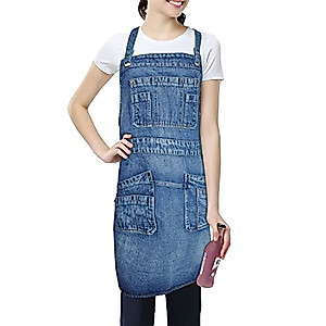 Upguider Denim Apron with Pockets Adjustable Cooking Apron Jean Apron with Multi Pockets for Kitchen Cooking BBQ Gardening (Blue)