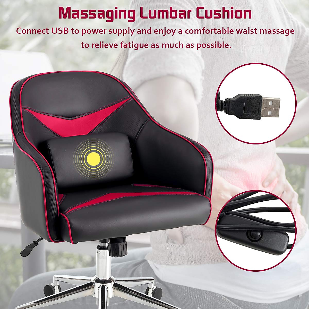 Giantex PU Leather Gaming Chair, Adjustable Height Mid-Back Armchair w/Massage Lumbar Pillow, Rolling Swivel Desk Chairs for Office Home Game Room (Red & Black)