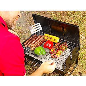 Devonics Compact Charcoal Grill Set - Foldable Barbecue for Beach, Camping | Stainless Steel Notebook Charcoal Grill with Handle, Utensils, Baking Net & Foldable Strut | Small Travel BBQ Grill