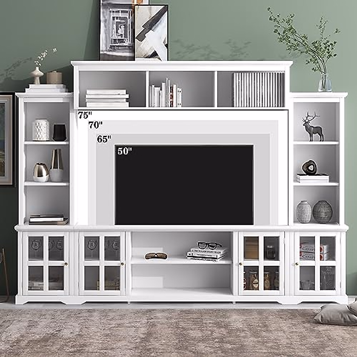 TV Stand for TV's up to 75 Inch with Open Bookshelf, Wine Cabinet & Display Cabinet, Multifunctional Entertainment Wall Unit with Bridge & Tempered Glass Door for Living Room