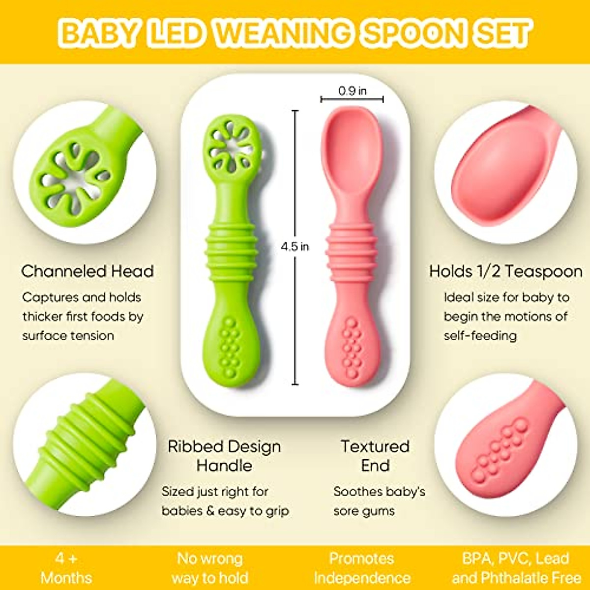 Baby Spoons Silicone Baby Led Weaning Feeding Spoon Set with Baby Fruit Feeder Pacifier Fresh Food Feeder (2 Count) - Baby Teething Toys Teether, Mash and Serve Bowl, Baby Feeding Set First Stage