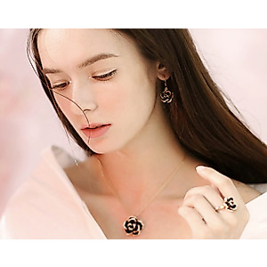 Rose Gold Plated Black Rose Flower Dangle Drop Earrings Fashion Jewelry for Women
