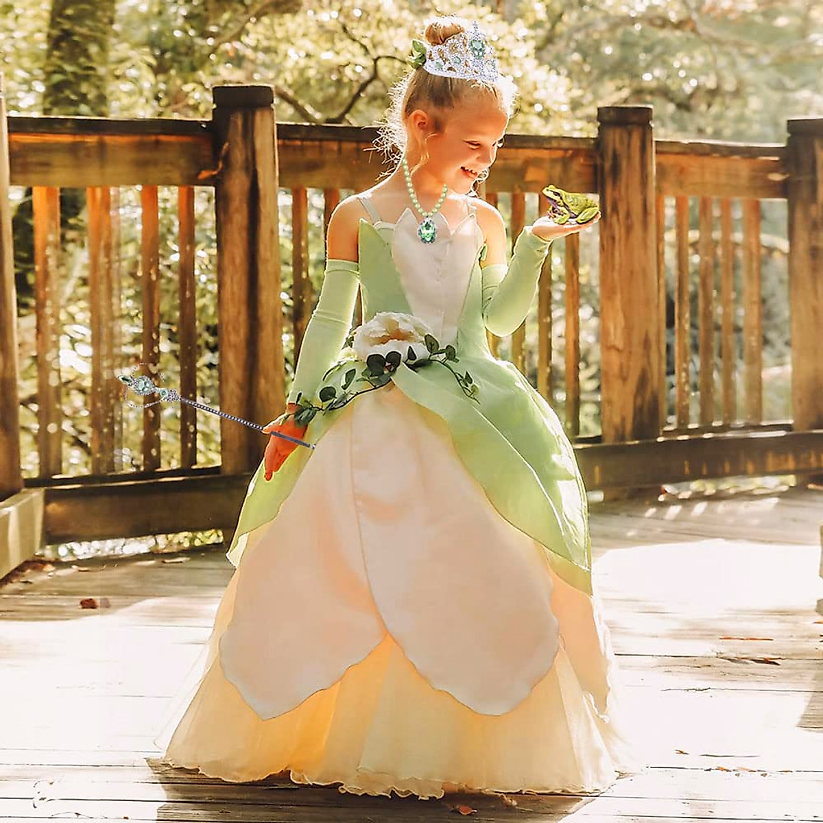 Princess Tiana Dress for Girls Green Fairy Frog Birthday Party Fancy Dresses Halloween Elf Costume Outfits with Accessories (2-3T)