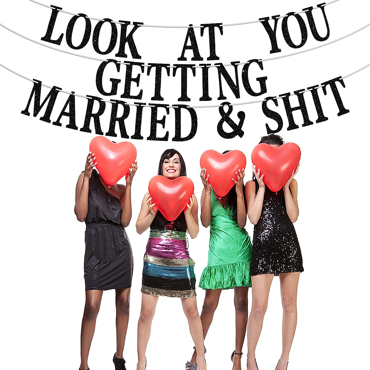 Look at You Getting Married Banner, Black Glitter Backdrop for Wedding Engagement Bridal Shower Party Decorations Supplies