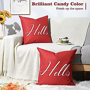 MoKo 2-Pack Waterproof Outdoor Pillow Cover 18x18, Decorative Patio Garden Throw Pillow Cases with Quotes Hello, Square Cushion Covers for Backyard Sofa Couch Tent, 45 x 45 cm, Red